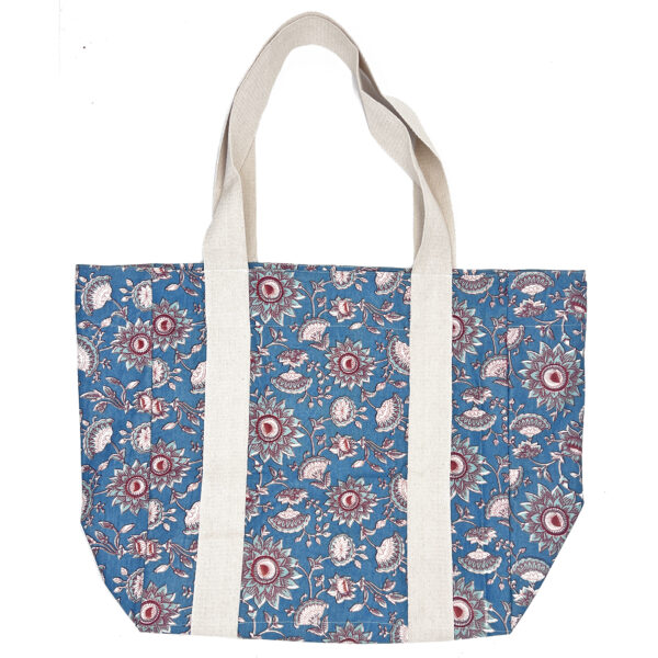 Block Printed Canvas Bag – Denim Floral | Anju Jewelry